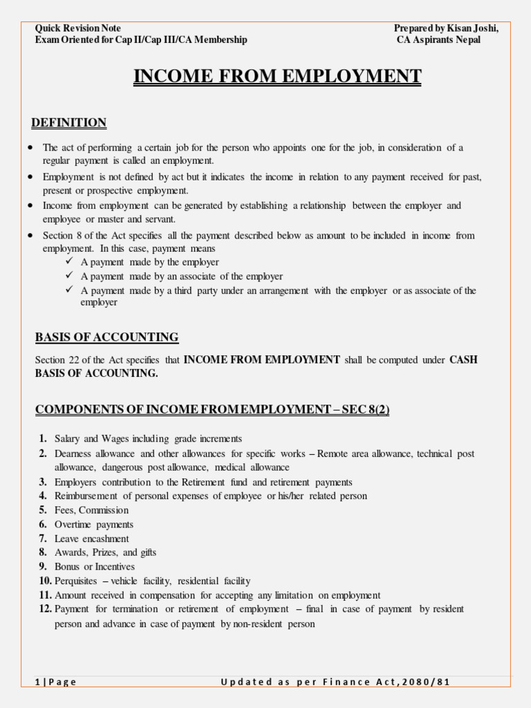 Income From Employment (Exam Oriented Note) | PDF | Employment | Taxes
