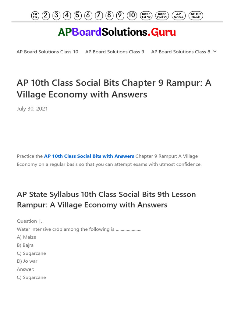 AP 10th Class Social Bits Chapter 9 Rampur - A Village Economy With Answers - AP Board Solutions ...