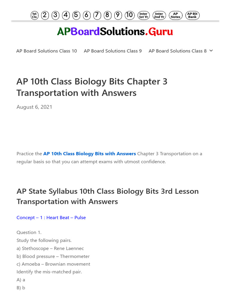 AP 10th Class Biology Bits Chapter 3 Transportation With Answers - AP ...