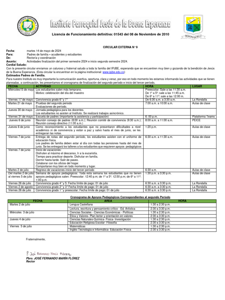 Circular 09-Actividades Finalizacion 2 Semestre | PDF