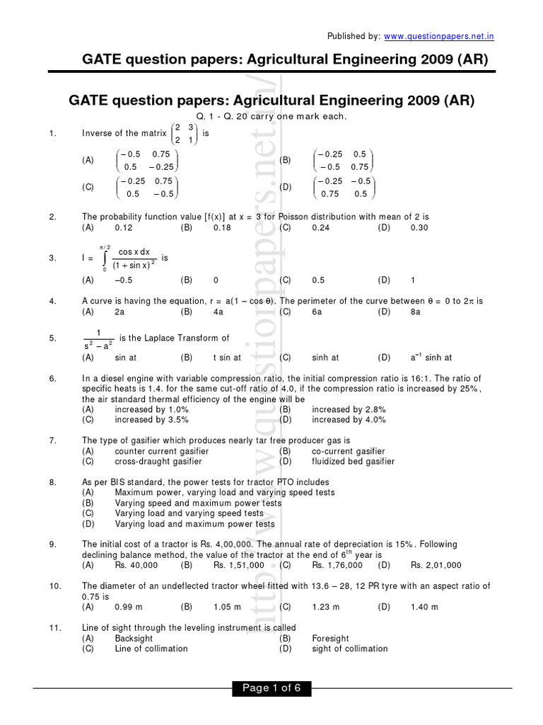 GATE 2009 Agricultural Engineering Papers | PDF | Belt (Mechanical ...