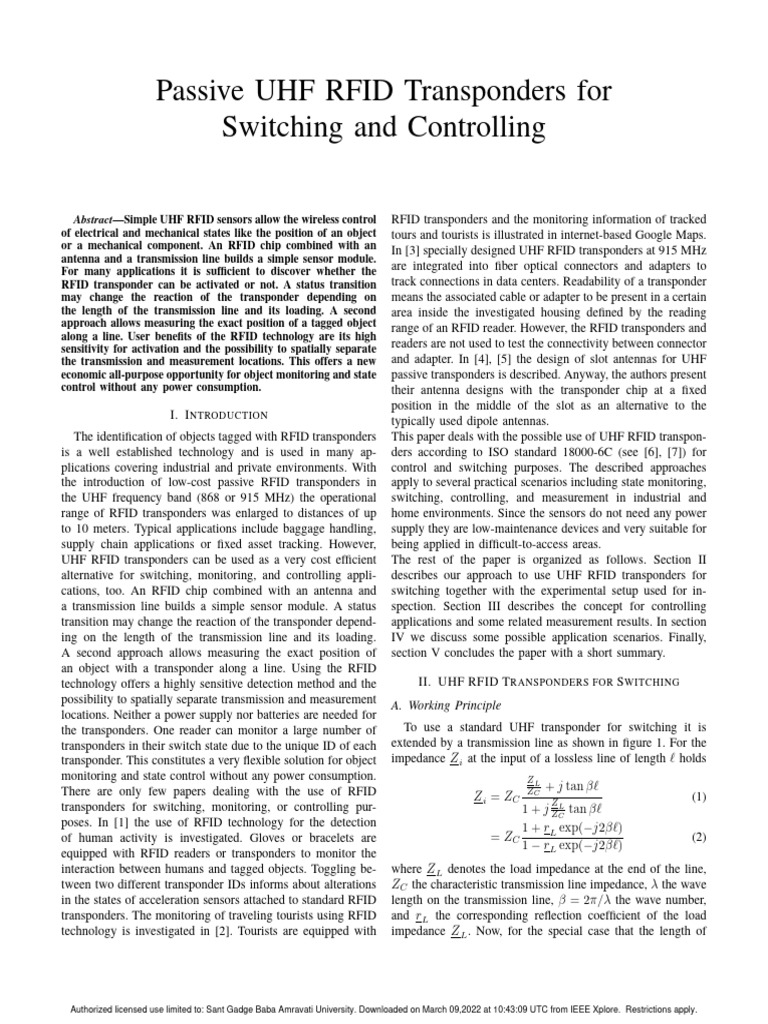 Passive UHF RFID Transponders For Switching and Controlling | PDF ...