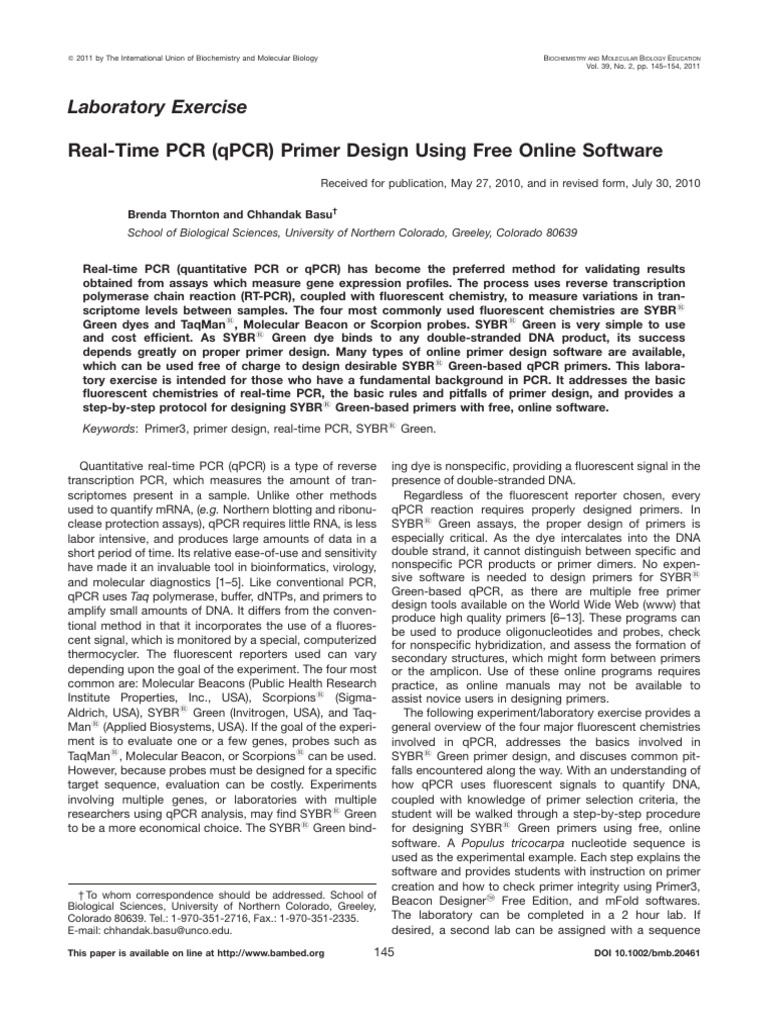 Biochem Molecular Bio Educ - 2011 - Thornton - Real‐time PCR qPCR primer design using free ...