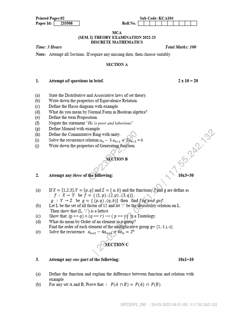Mca 1 Sem Discrete Mathematics Kca104 2023 | PDF | Mathematics | Abstract Algebra