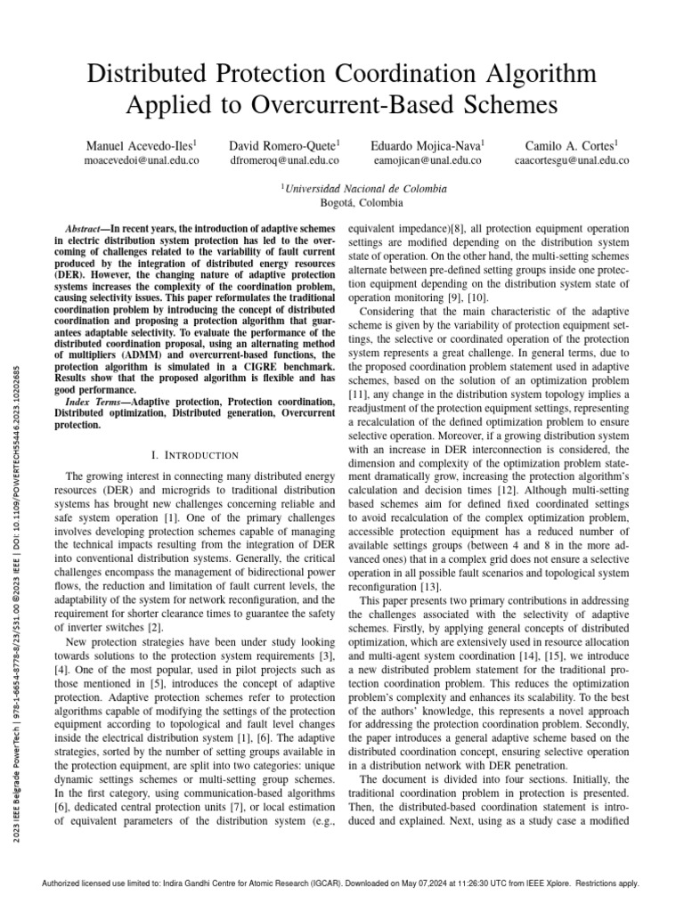 Distributed Protection Coordination Algorithm Applied To Overcurrent-Bas... | PDF | Mathematical ...