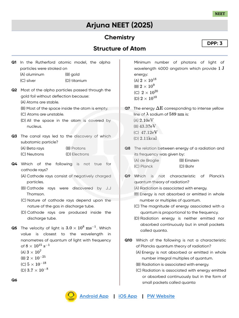 Strcutrue Of Atom Dpp 03 Arjuna Neet 2025 Pdf Photoelectric