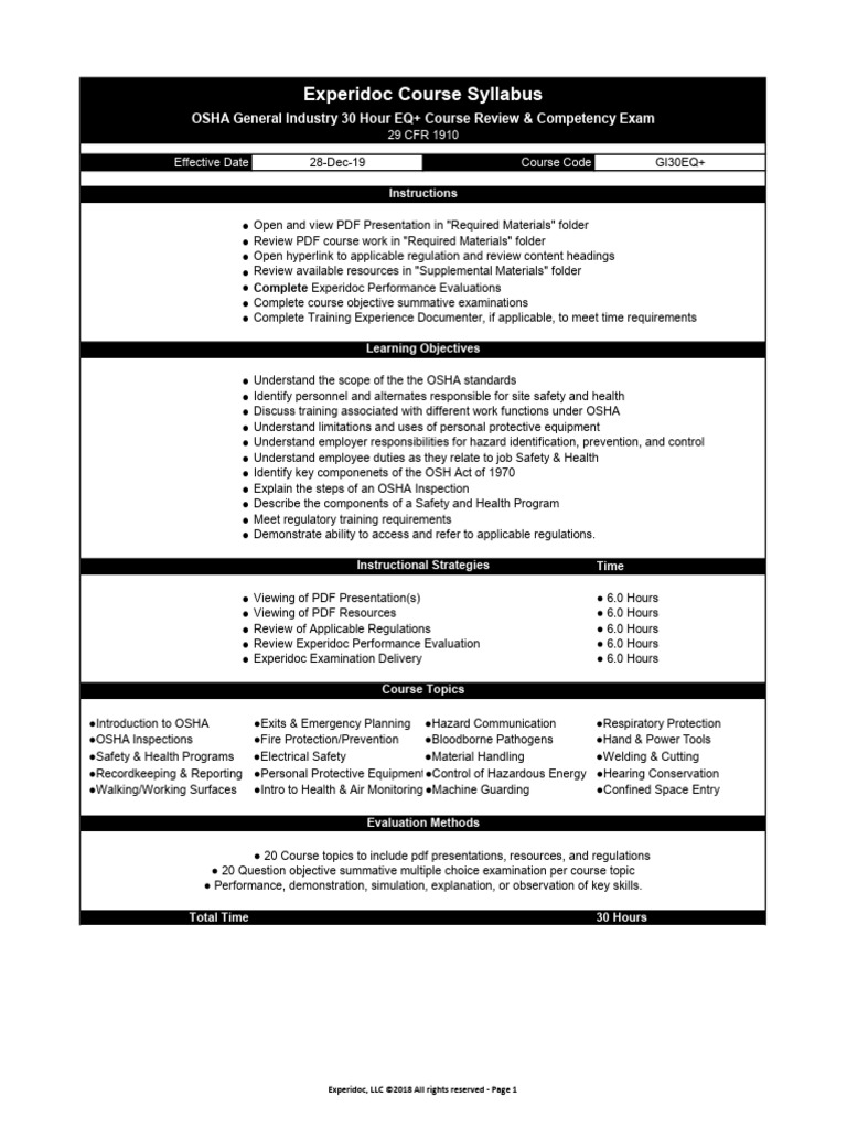 OSHA 30 EQ PLUS GI Syllabus | PDF | Occupational Safety And Health ...