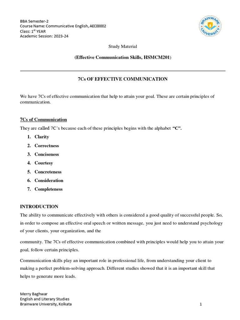 7Cs of Effective Communication (BBA) | PDF | Communication | English Language