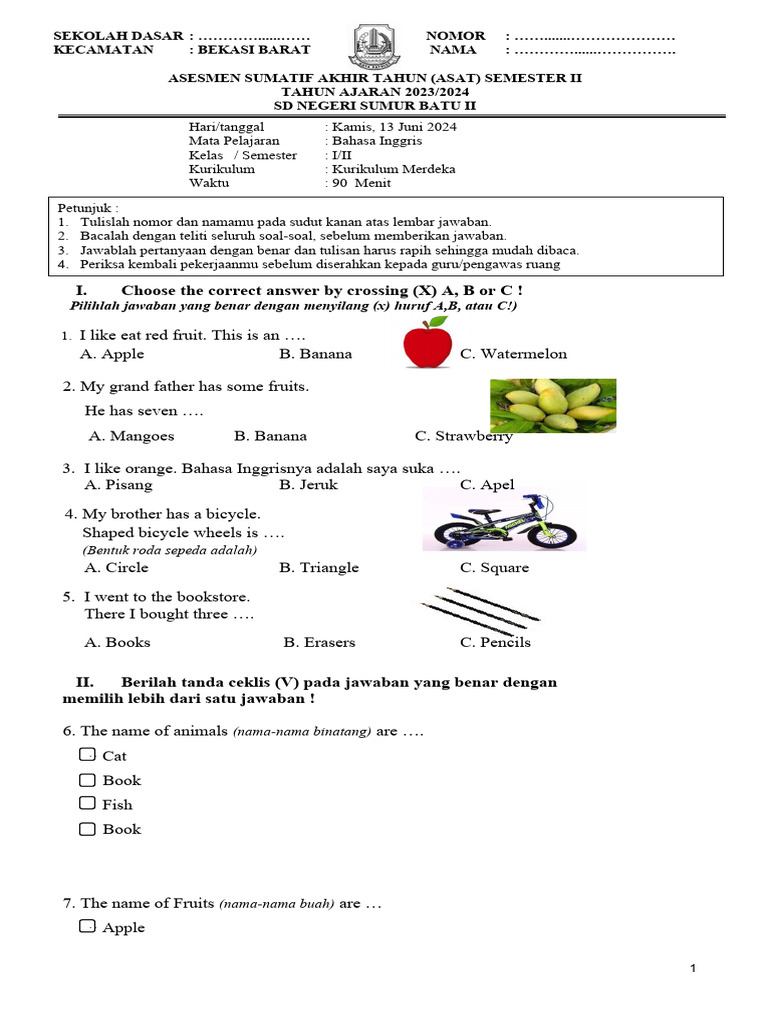 Soal Asat Bahasa Inggris Kelas 1 SMT2 | PDF