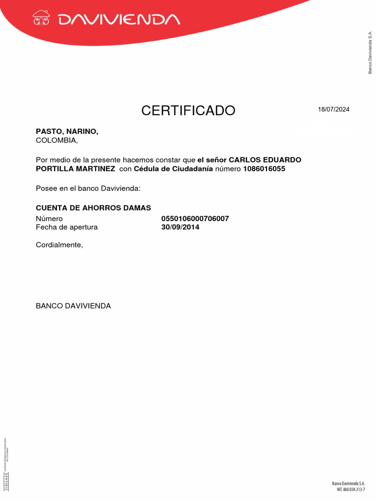 Certificado de Cuenta Bancaria | PDF
