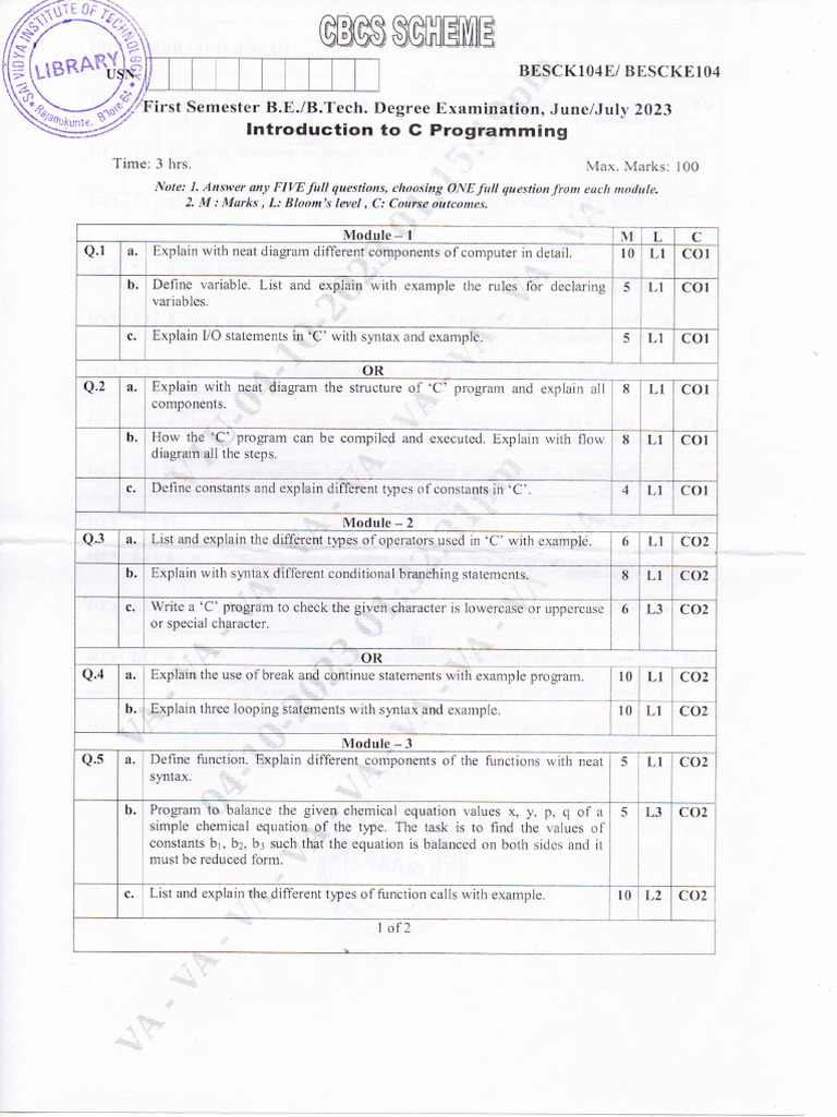 Introduction To C Programming BESCK104E June-July 2023 | PDF