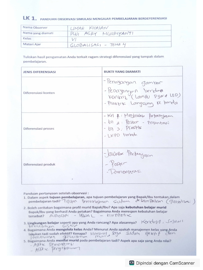 LK 1. Panduan Observasi Simulasi Mengajar Pembelajaran Berdiferensiasi - Umar | PDF