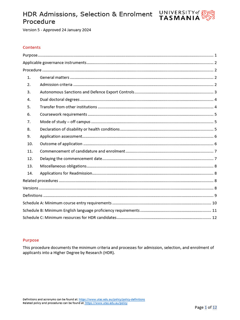 HDR Admissions Selection Enrolment Procedure | PDF | Academic Degree | Thesis
