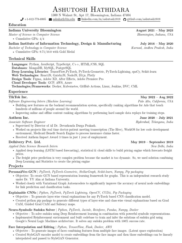 Ashutosh Hathidara Resume ML | PDF | Deep Learning | Computing