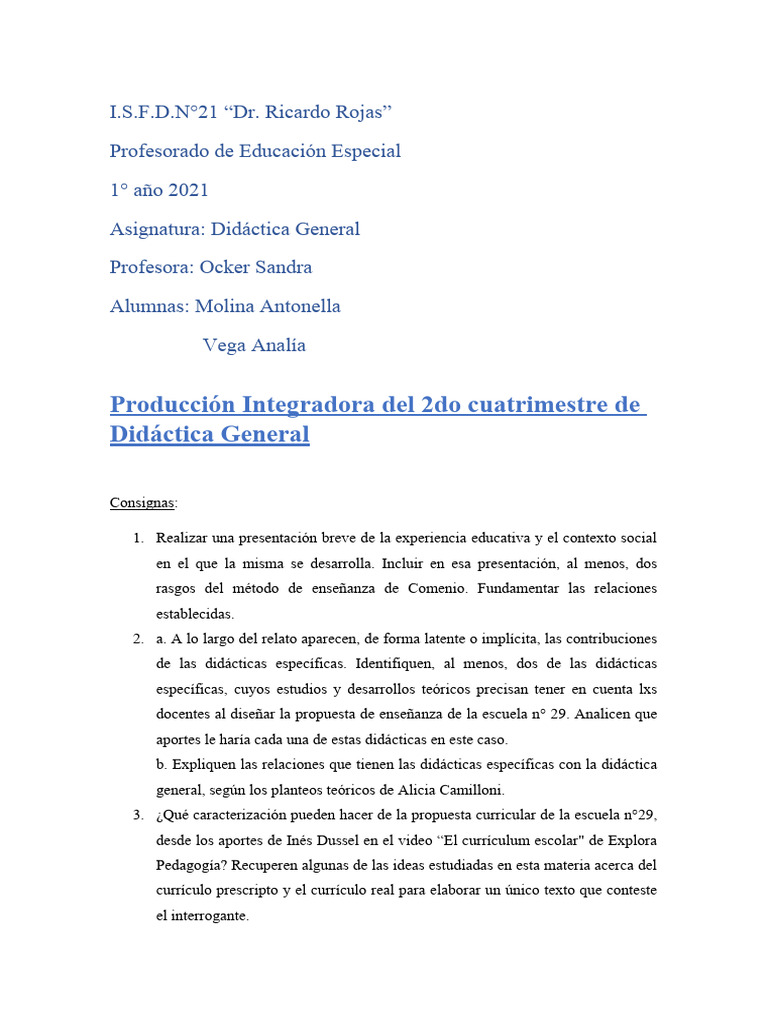 Producción Integradora de Didáctica General 2do Cuatrimestre | PDF | Plan de estudios | Maestros