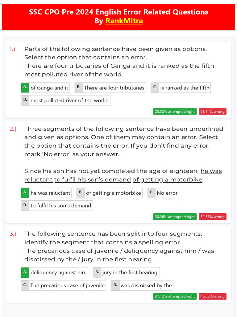 SSC CPO Pre 2024 English Error Related Questions by RankMitra | PDF ...