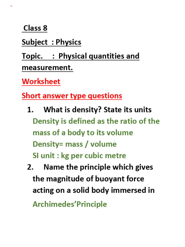CL 8 Physics Ans Measurement | PDF | Buoyancy | Density