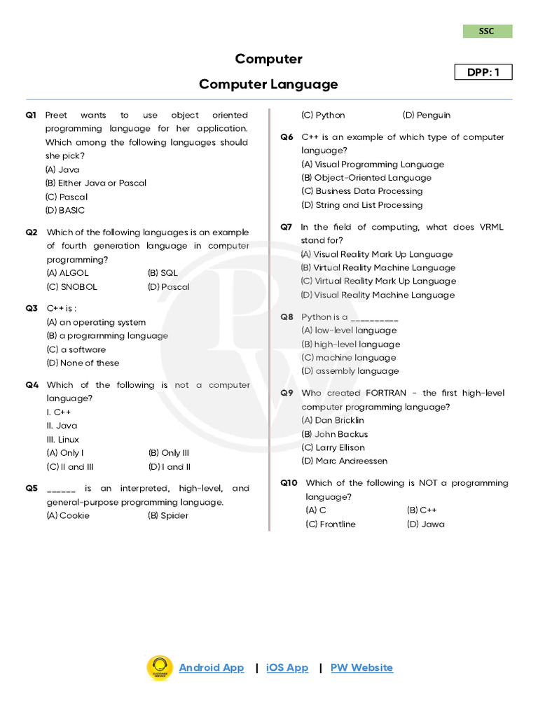 Computer Language _ DPP 01 (English) | PDF | Computer Programming | C++