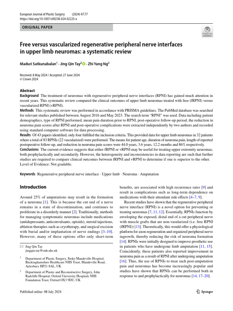 Free Versus Vascularized Regenerative Peripheral Nerve Interfaces in ...