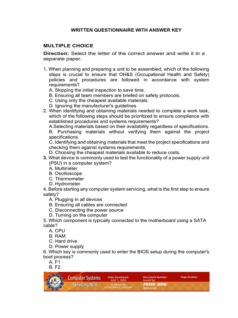 Written Questionnaire With Answer Key | PDF | Installation (Computer ...