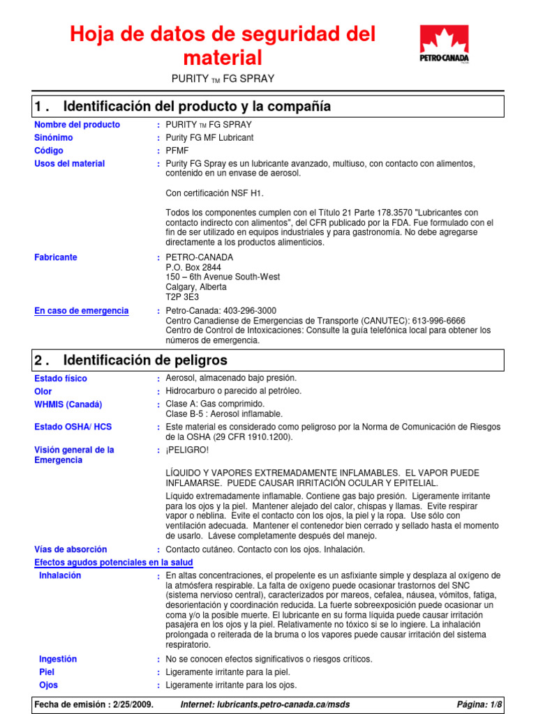 MSDS PURITY FG Spray | Descargar gratis PDF | Ventilación (Arquitectura ...