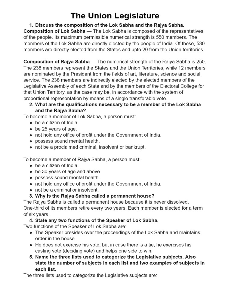 The Union Legislature. Class8 | PDF | Bill (Law) | Government Of India