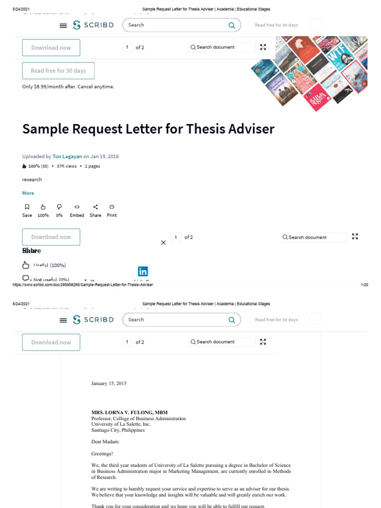 Sample Request Letter For Thesis Adviser - Academia - Educational Stages | PDF | Scribd | Linked In