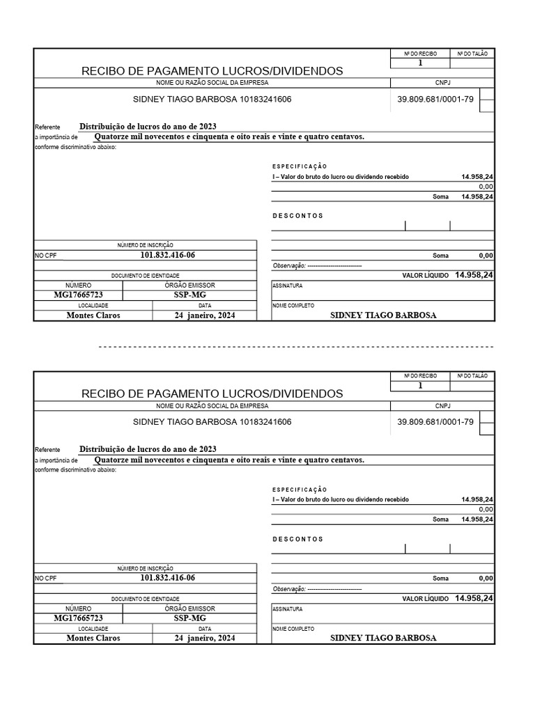 Recibo Distribuição de Lucros | PDF | Dividendo | Brasil