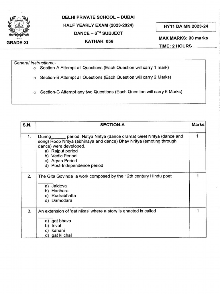 2023 24 Hye Gr11 Dance Kathak | PDF