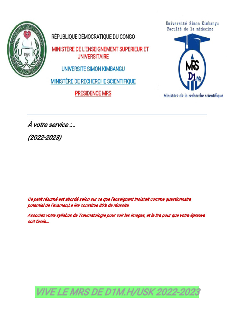 Synthèse de Traumatologie Kasongo Benoît-Cadet Kamba | PDF