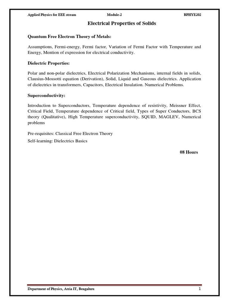 BPHYE202 Module-2 Electrical Conductivity | PDF | Capacitor | Superconductivity