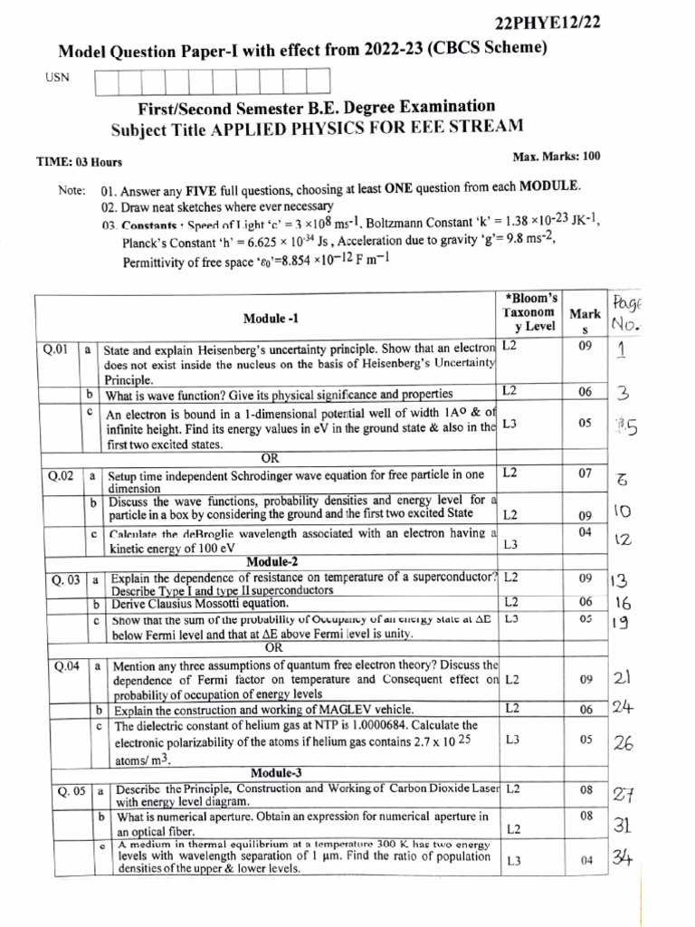 22phy12 Vtu Model QP Set 1 Solution | PDF
