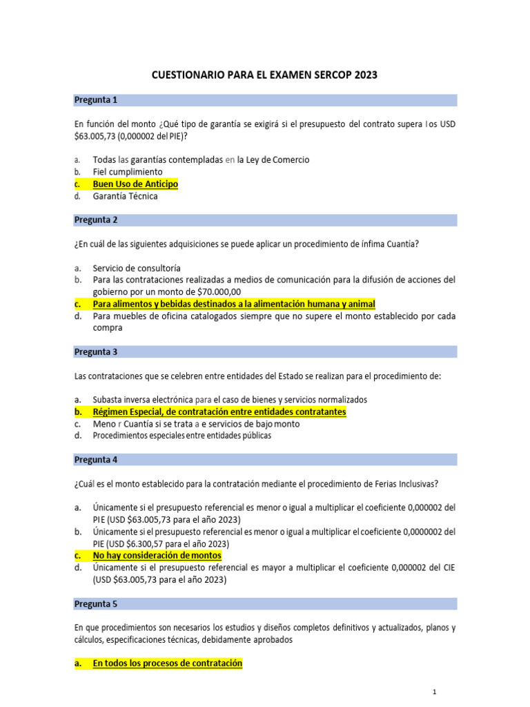 Cuestionario para El Examen Sercop 2023 Final | PDF | Subasta | Presupuesto