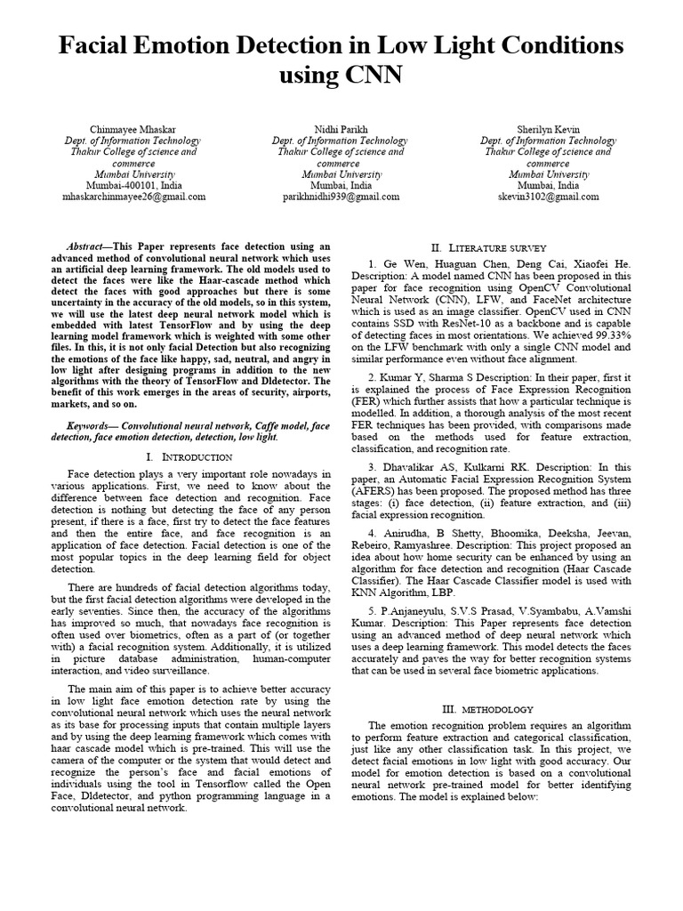 Facial Emotion Detection in Low Light Conditions Using CNN | Download Free PDF | Artificial ...