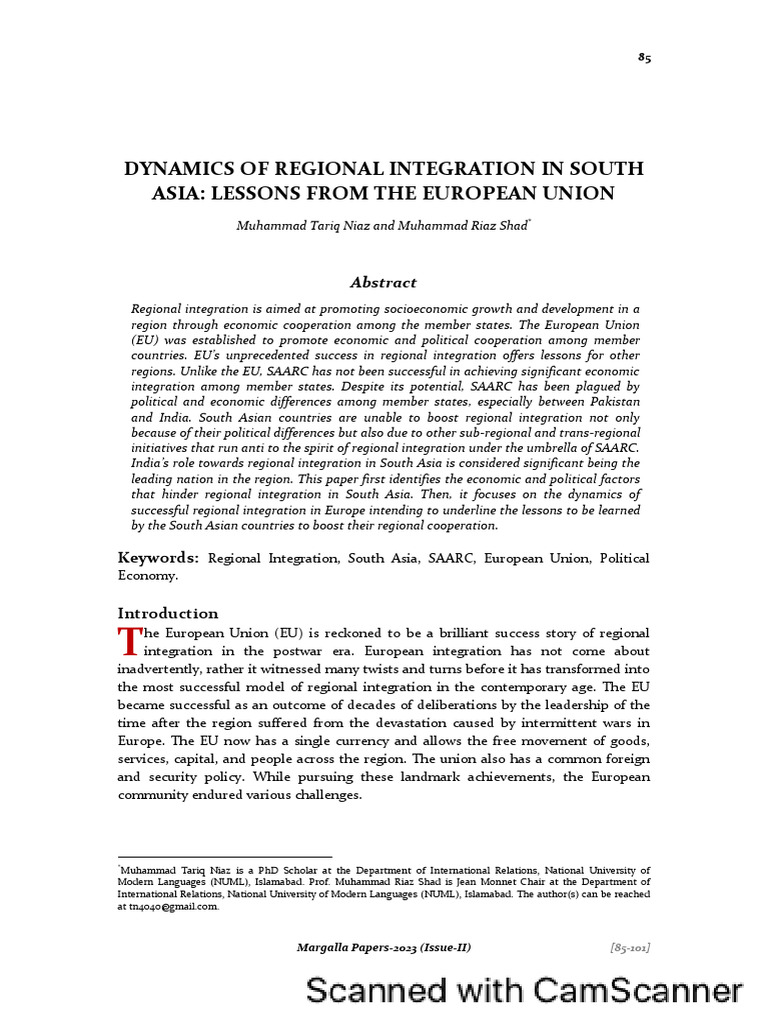 Dynamics of Regional Integration in South Asia: Lessons From The European Union | PDF | South ...