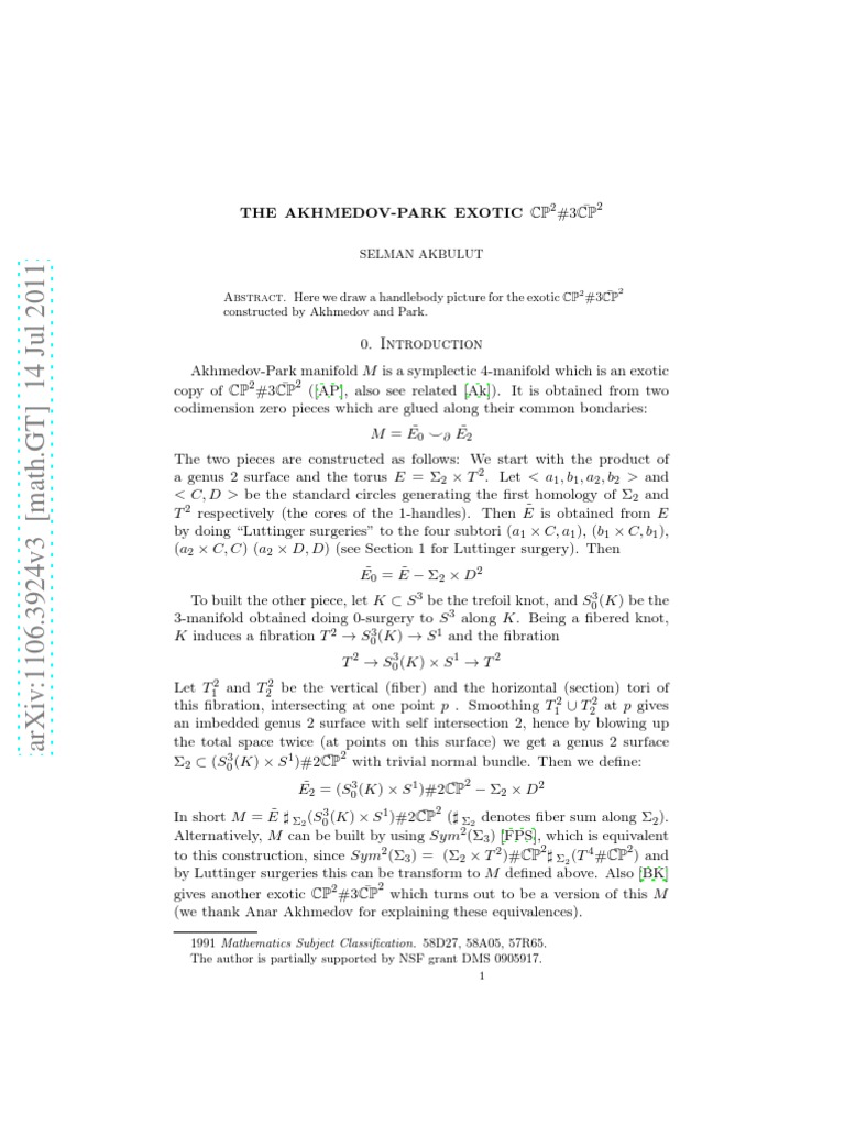 Selman Akbulut - The Akhmedov-Park Exotic CP 2#3CP 2 | PDF | Topology ...
