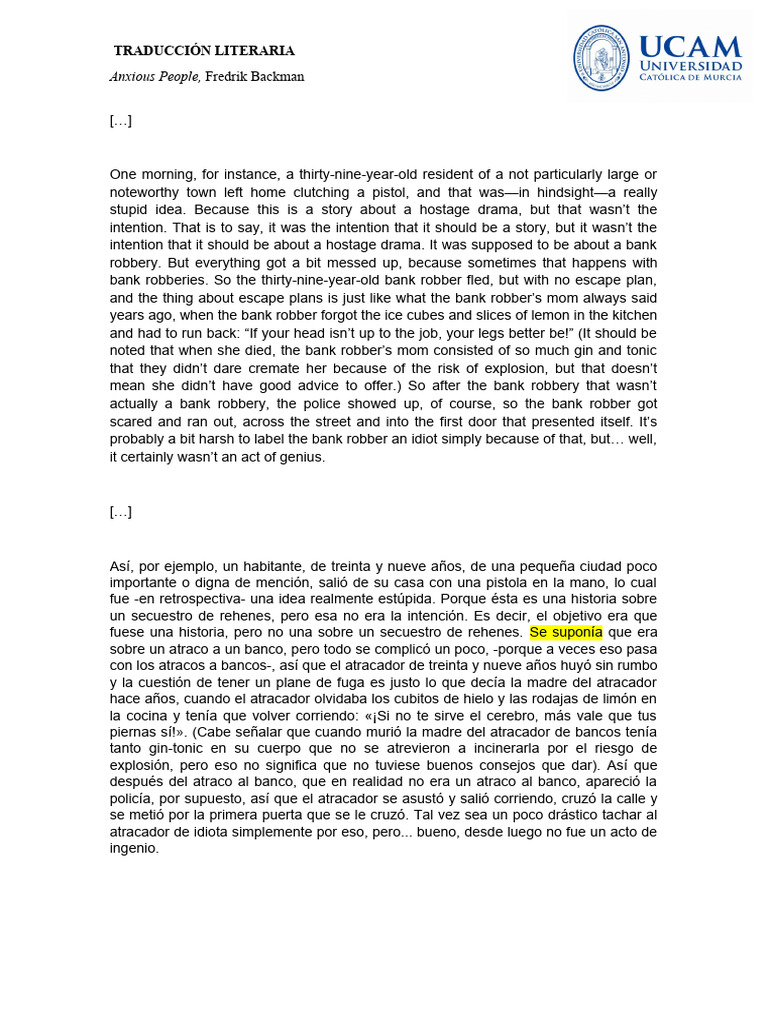 Ejercicio de Clase. Anxious People, Fredrik Backman, Translated by Neil ...