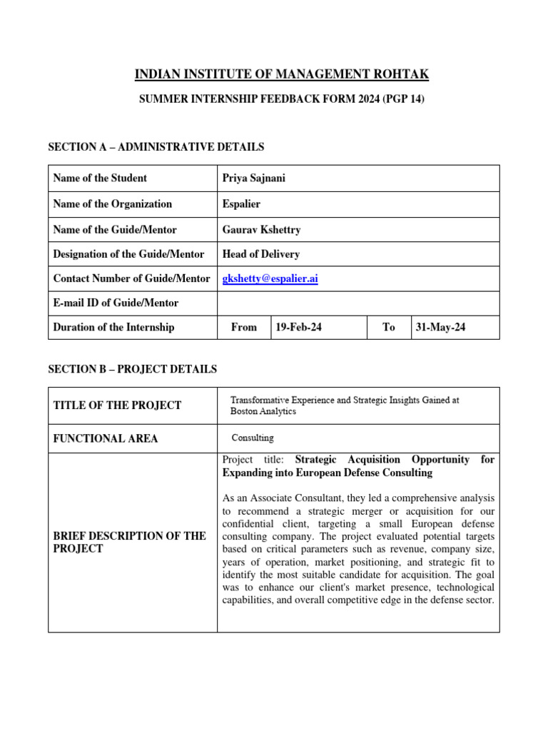 SI Feedback Form-Priya Sajnani 2 2 2 | PDF | Analytics | Sustainability