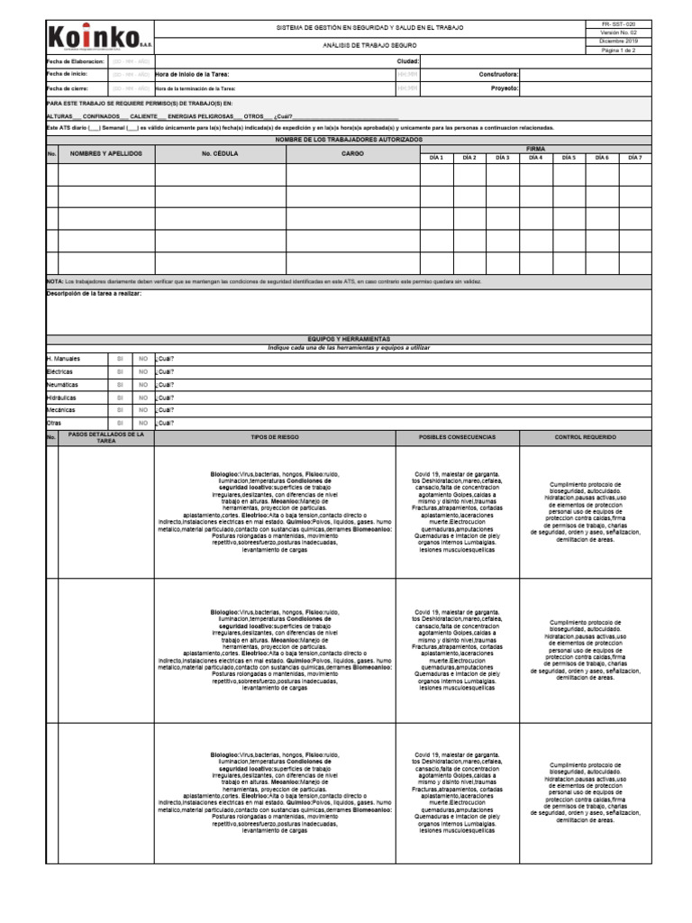 FR-SST-020 Analisis de Trabajo Seguro Ats Version 02 | PDF | Quemar ... FR-SST-020 Analisis de Trabajo Seguro Ats Version 02 | PDF | Quemar ...