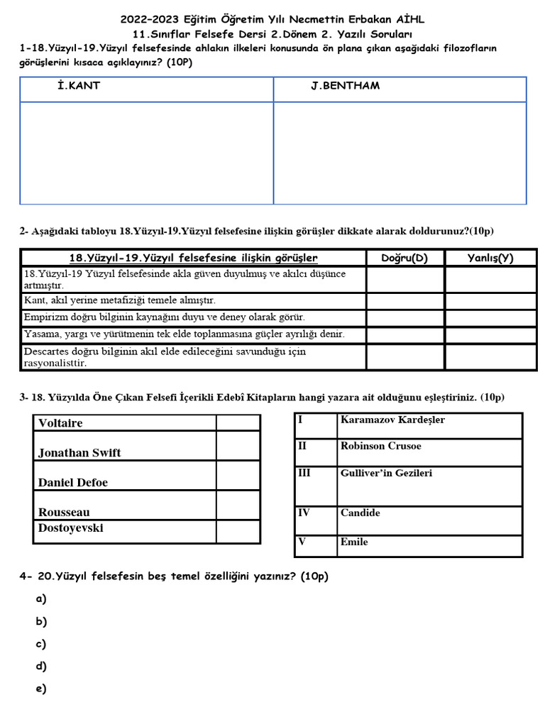 11.siniflar Felsefe Dersi 2.donem 2.yazili Sorulari 2023 | PDF
