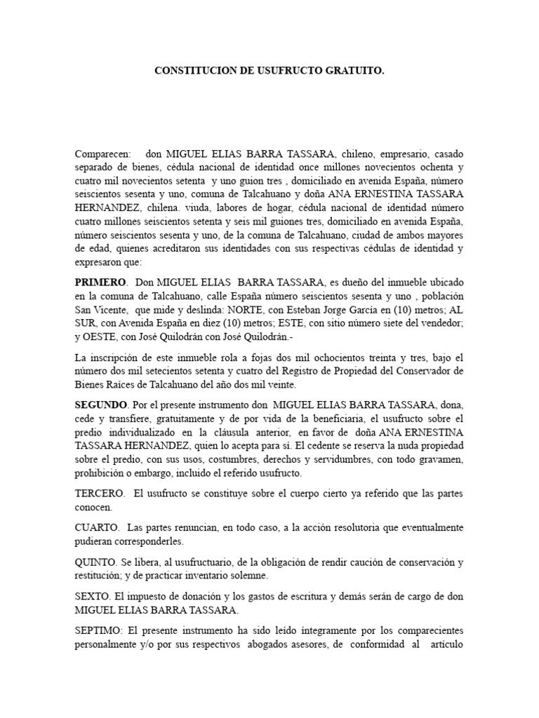 Constitucion de Usufructo Gratuito | PDF