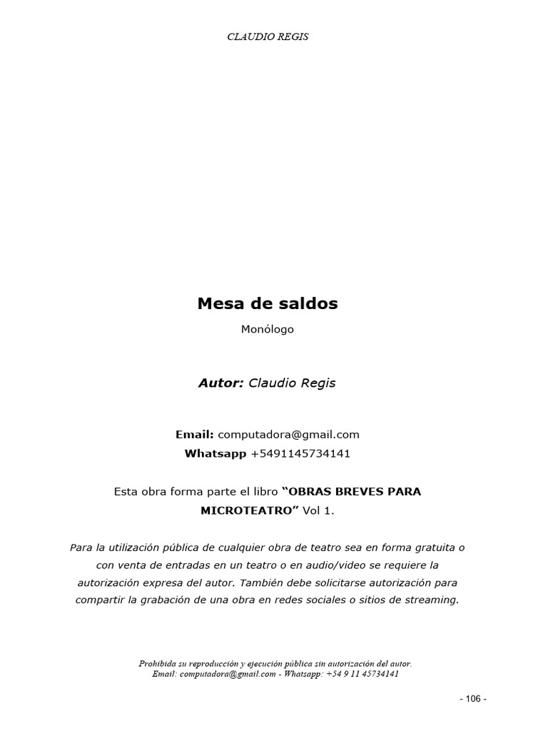 Monólogo Mesa de Saldos de Claudio Regis | PDF