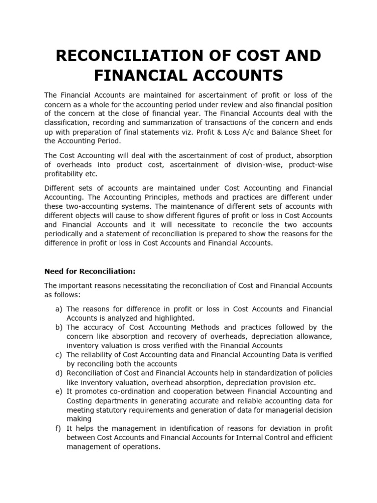 Reconciliation of Cost and Financial Accounts | PDF | Financial ...