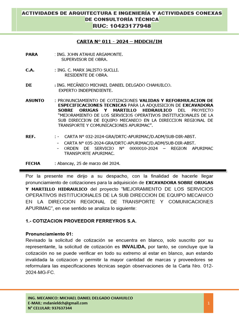 Carta #009 - 2024 - Validacion de Cotizaciones - Excavadora - Transporte Apurimac | PDF | Ingeniería