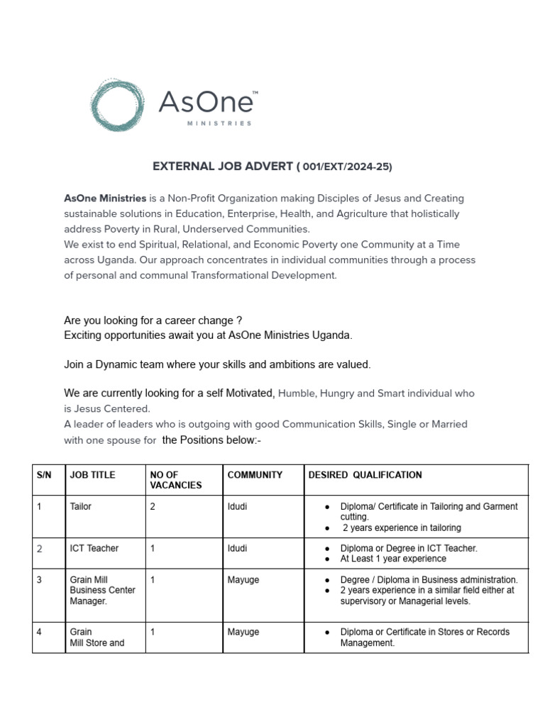 AsOne Ministries External Job Advert (001 - Ext - 2024-2025) - 2 | PDF ...