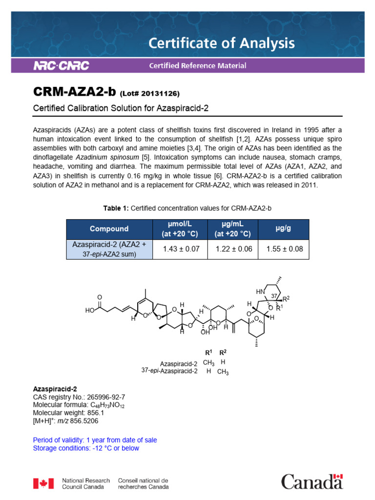 CRM-AZA2-b: Certified Calibration Solution For Azaspiracid-2 | PDF