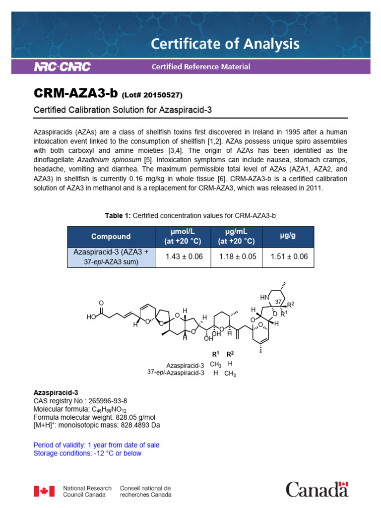 CRM-AZA3-b: Certified Calibration Solution For Azaspiracid-3 | PDF ...
