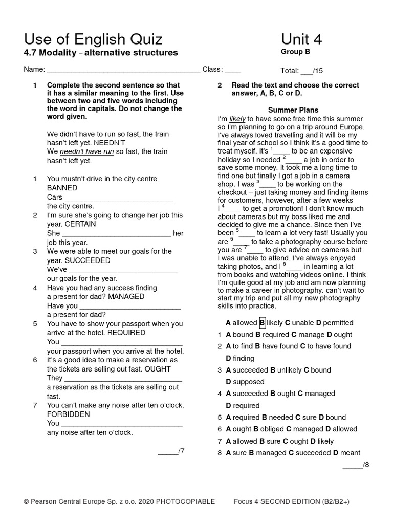 Focus4 2E Use-of-English Quiz Unit4 GroupB 2kol | PDF