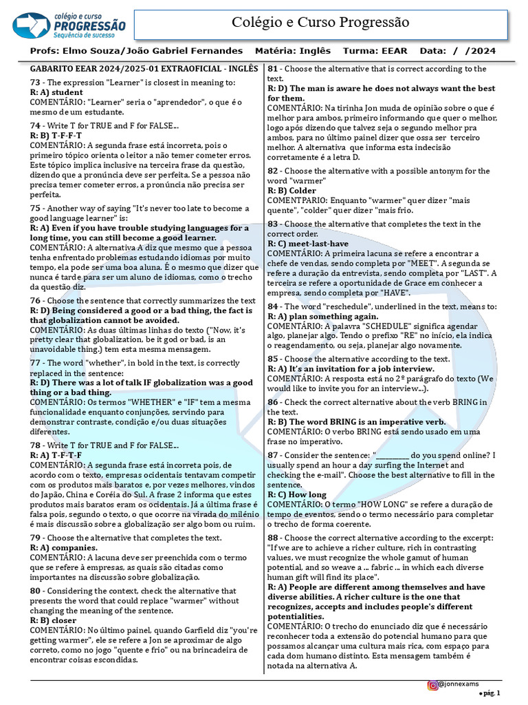 Gabarito Extraoficial Eear - CFS 01 - Julho 2024 - 2025-1 | PDF