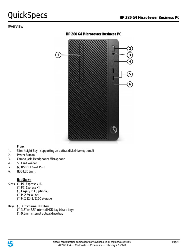Quickspecs: HP 280 G4 Microtower Business PC | PDF | Solid State Drive | Usb